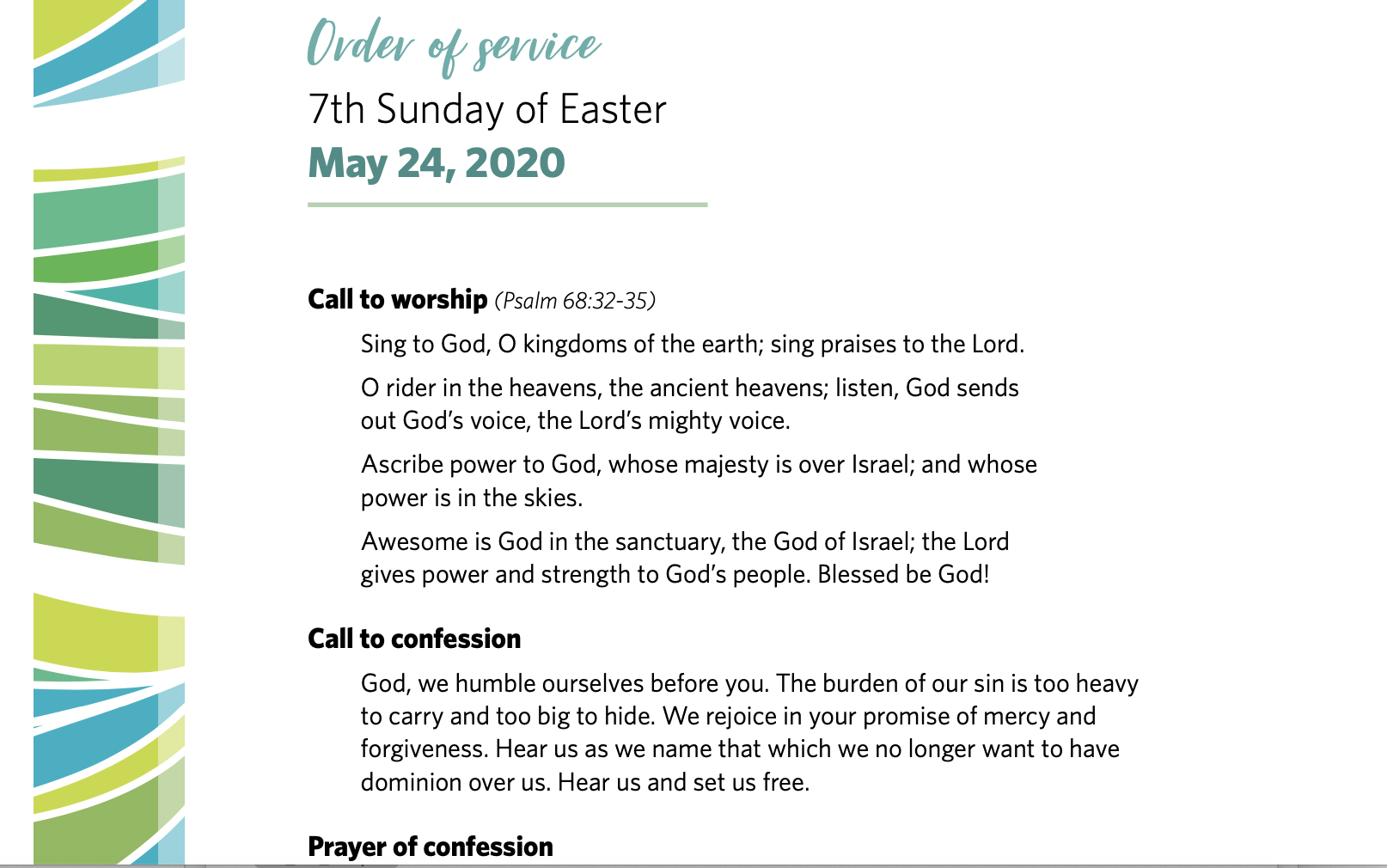 Order of service — 7th Sunday of Easter - The Presbyterian Outlook